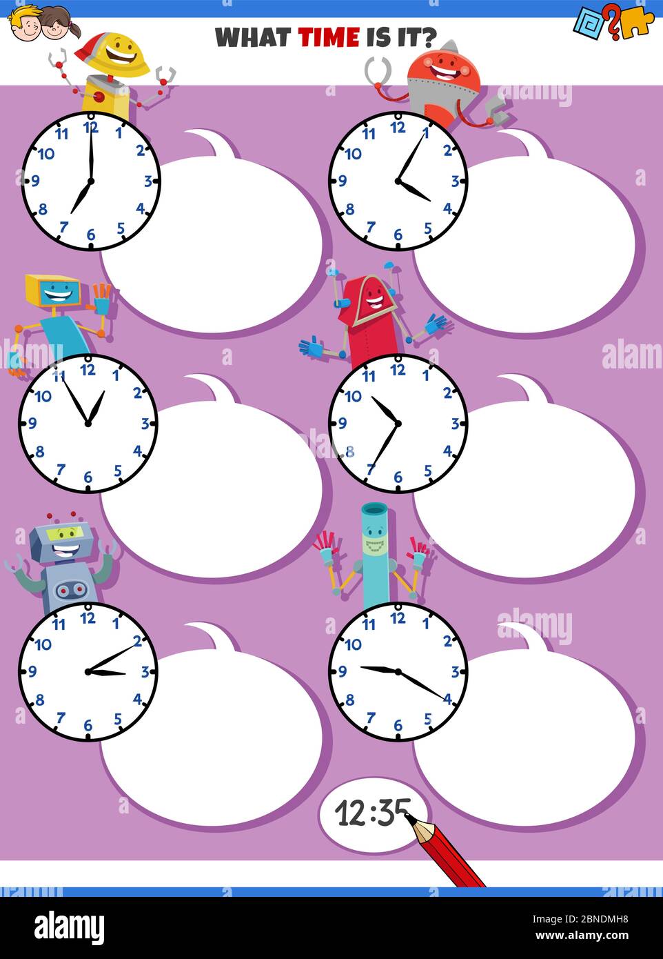 Cartoon Illustrations of Telling Time Educational Activity with Clock ...