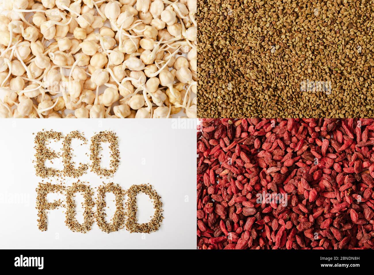 collage of fresh sprouts, goji berries and eco food lettering on white ...