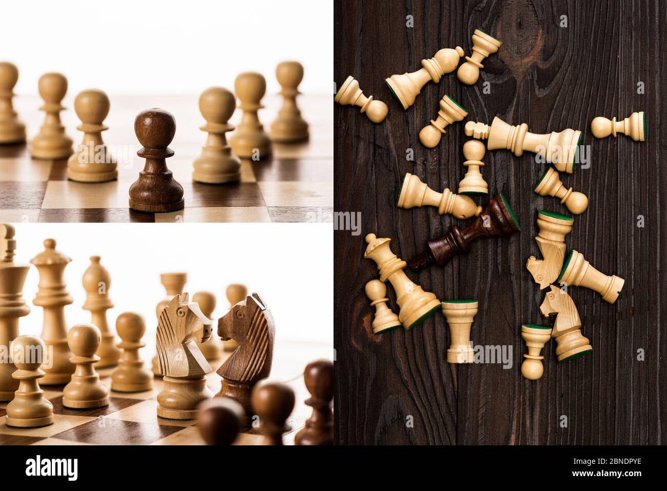 Collage of chess on chessboards on white and wooden background Stock ...