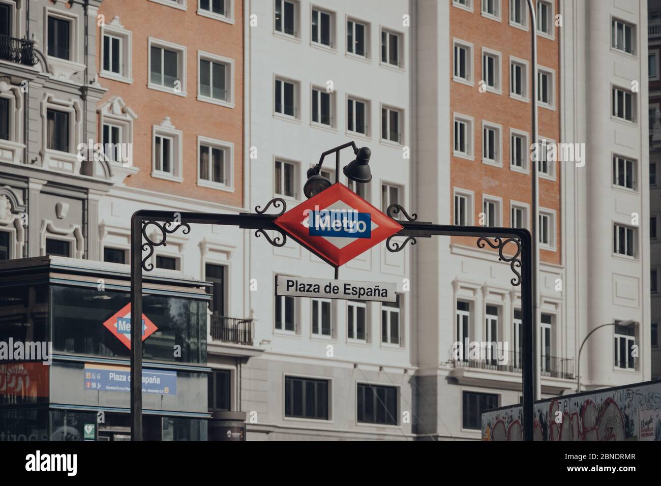 Madrid, Spain - January 26, 2020: Metro sign at the entrance of Plaza ...