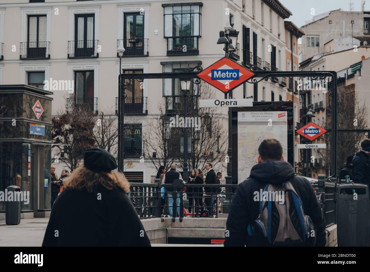 Madrid, Spain - January 26, 2020: Sign at the entrance of Opera Metro ...