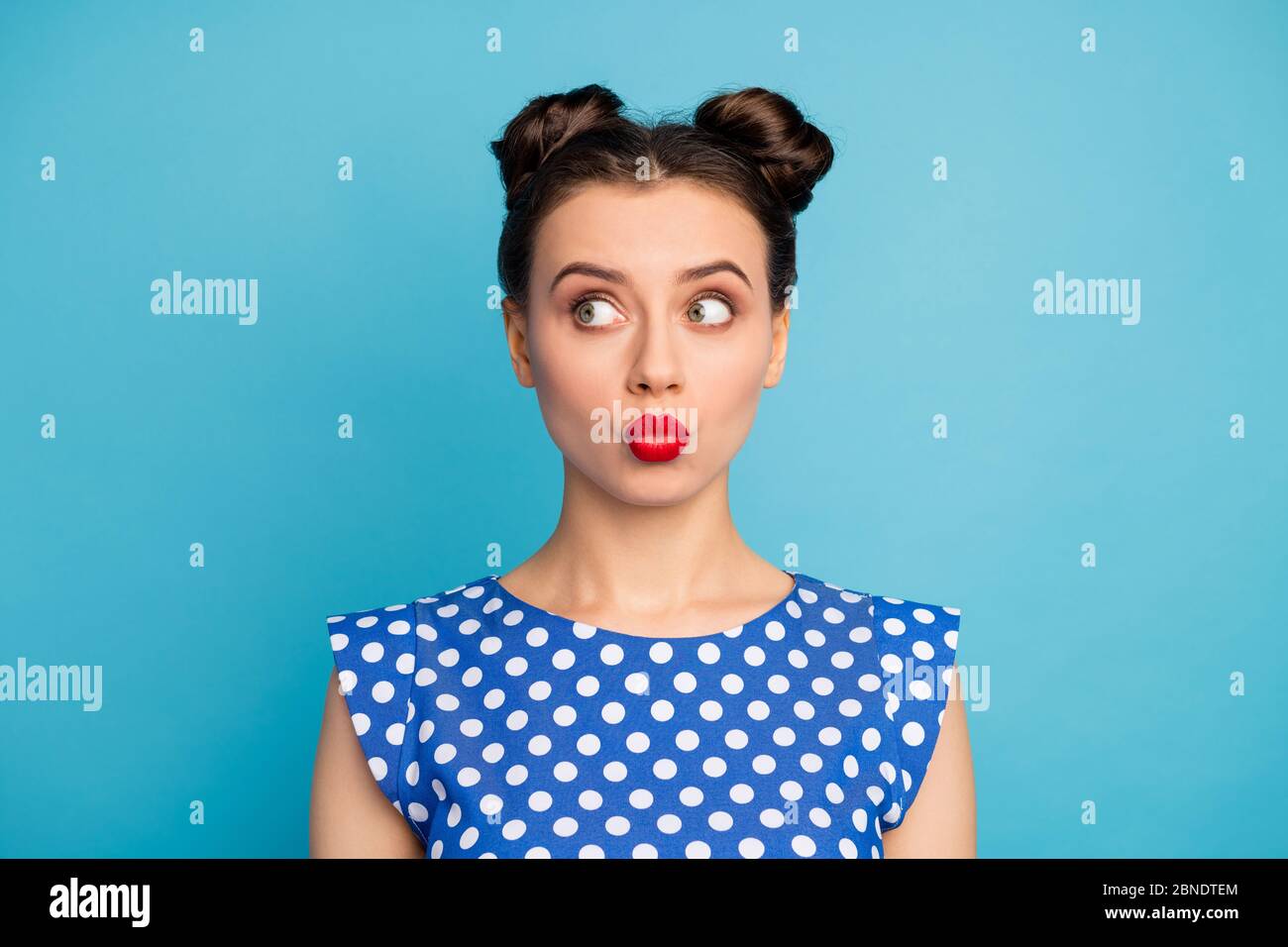 Closeup photo of pretty funny flirty lady red pomade sending boyfriend ...