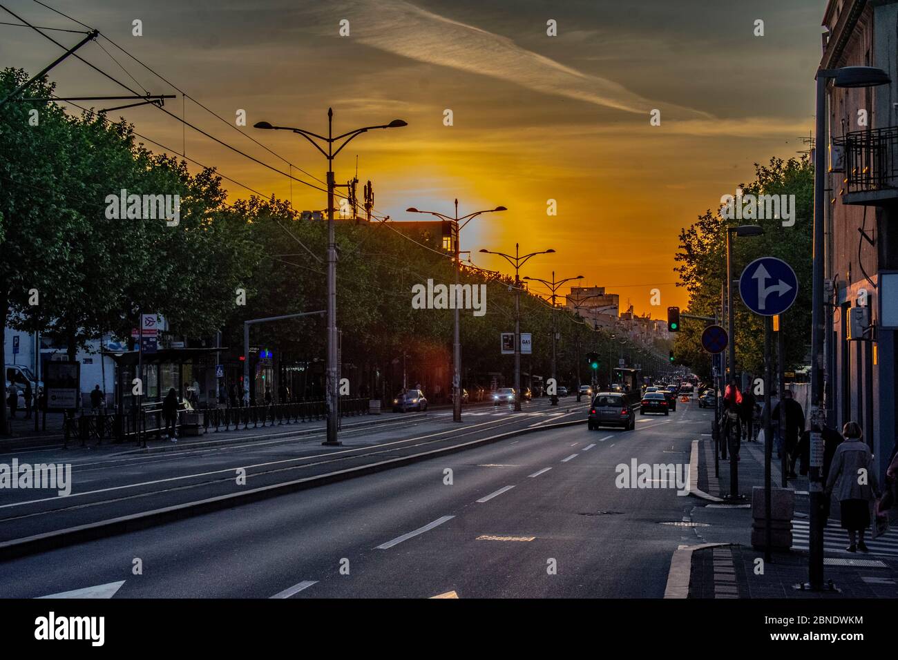 Sunset on the streets of Belgrade Stock Photo - Alamy