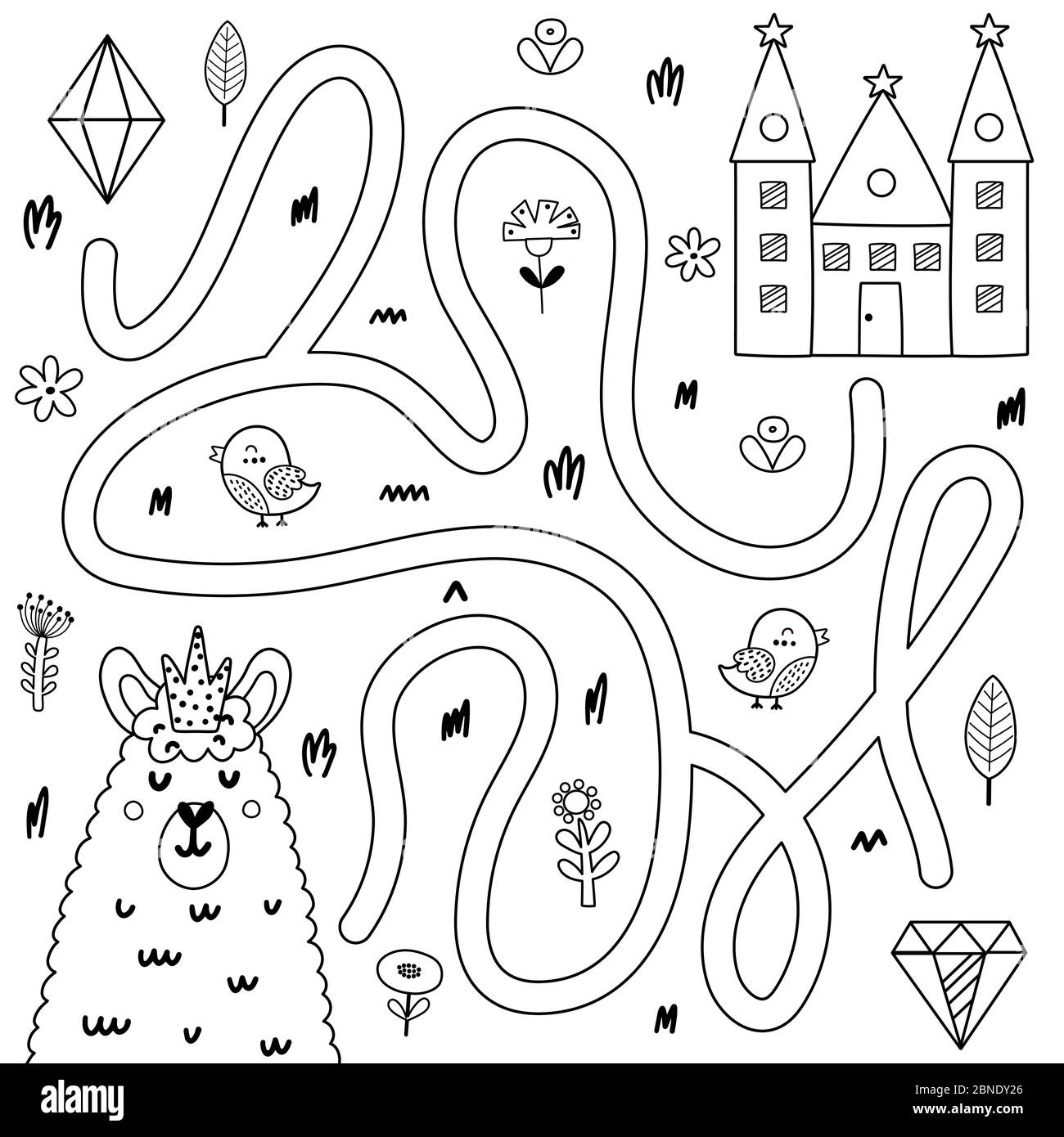 Help the king llama get to his castle. Black and white maze game for ...
