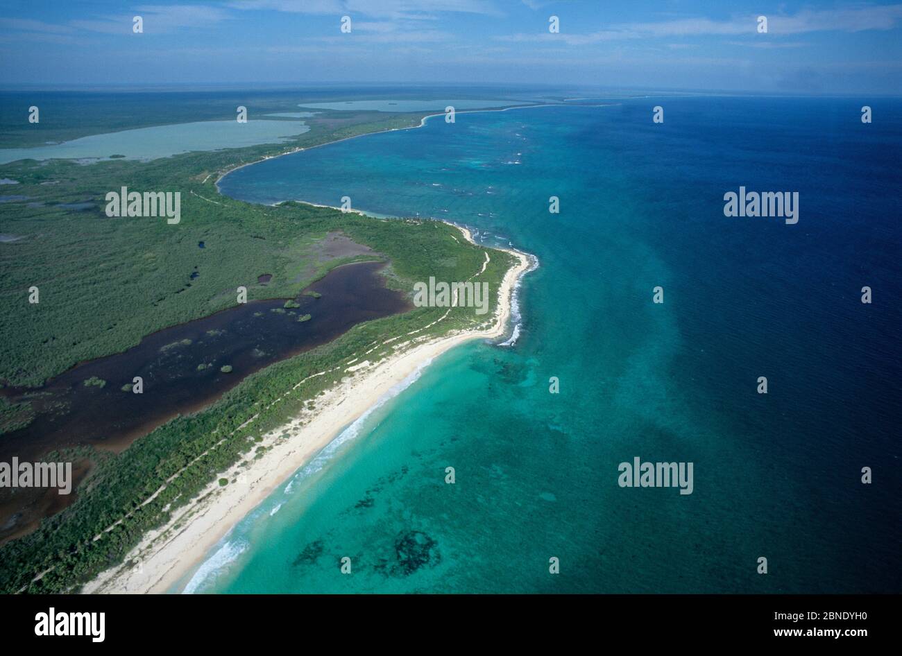 Aerial view of coastal lagoon and barrier reef, Sian Ka'an Biosphere ...