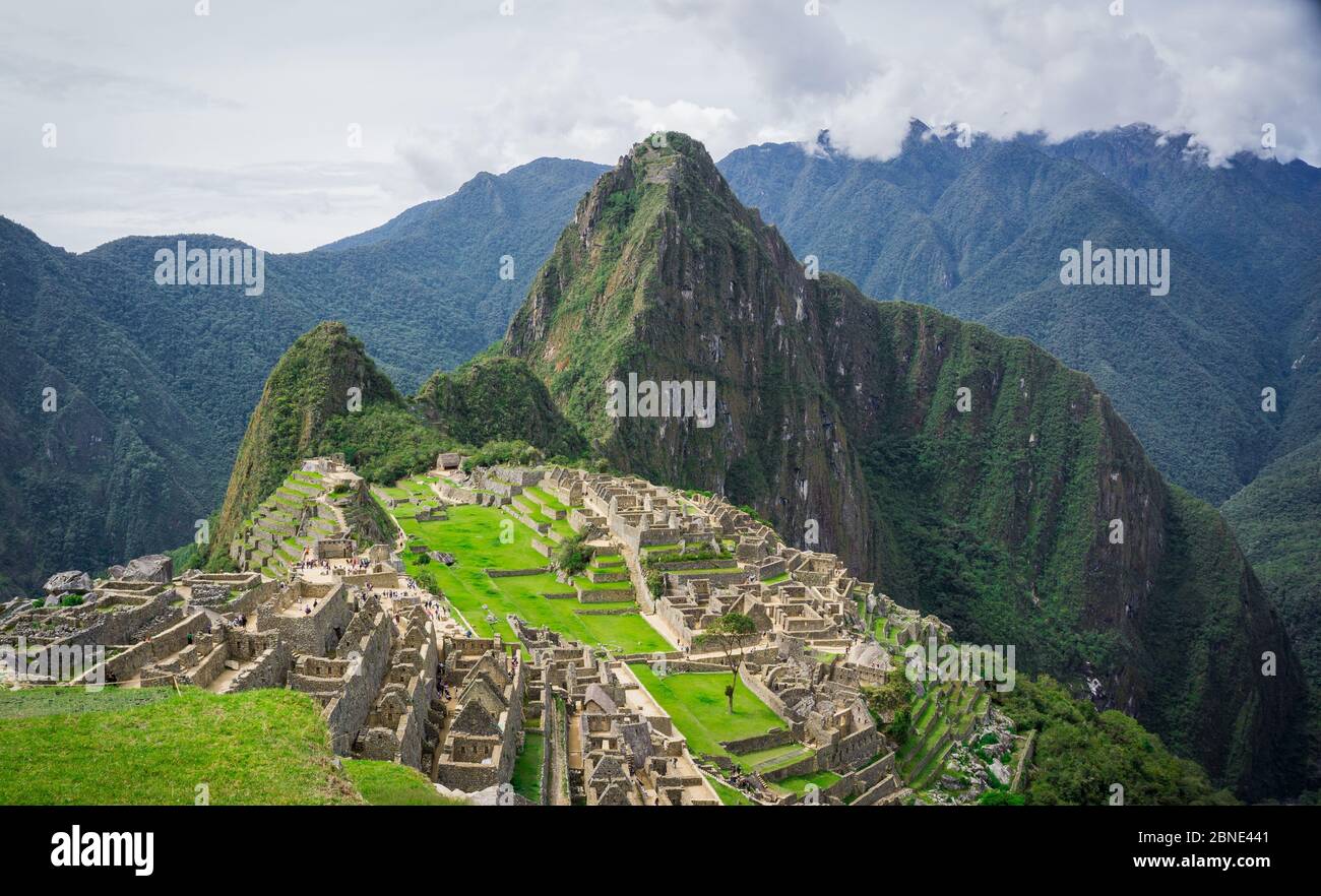 Aerial view of the ruins of the ancient Inca city in the middle of the ...