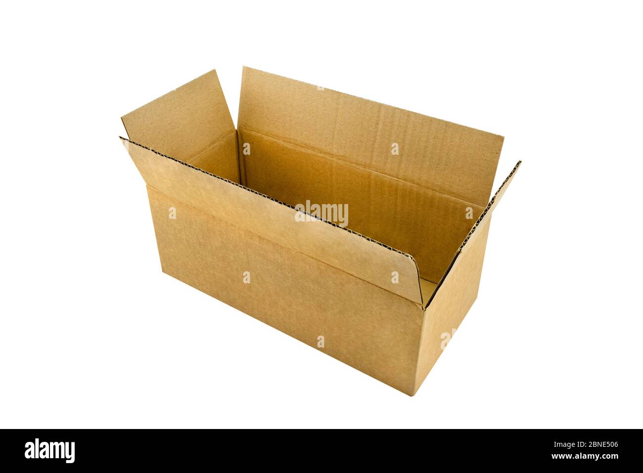 An open, large, rectangular cardboard box made of corrugated cardboard, isolated on a white ...