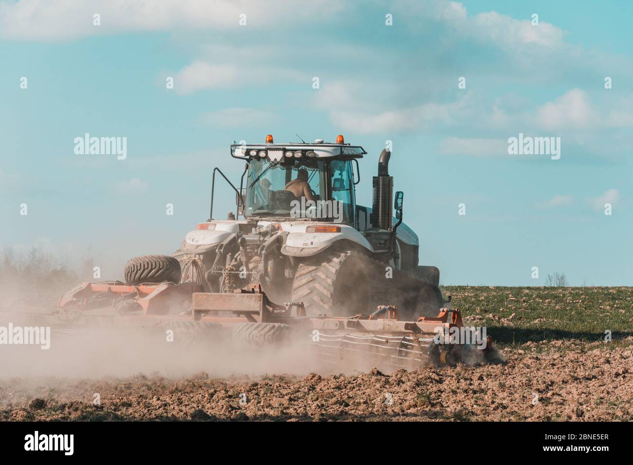 Rear view of a crawler tractor during sowing. Harrowing soil in the ...