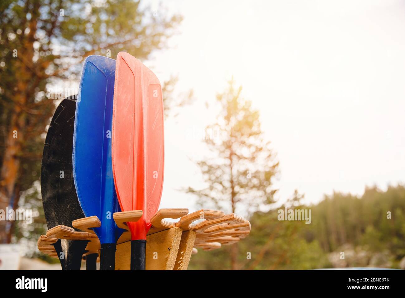 Colored paddles for kayak rafting on tropical mountain river Stock ...