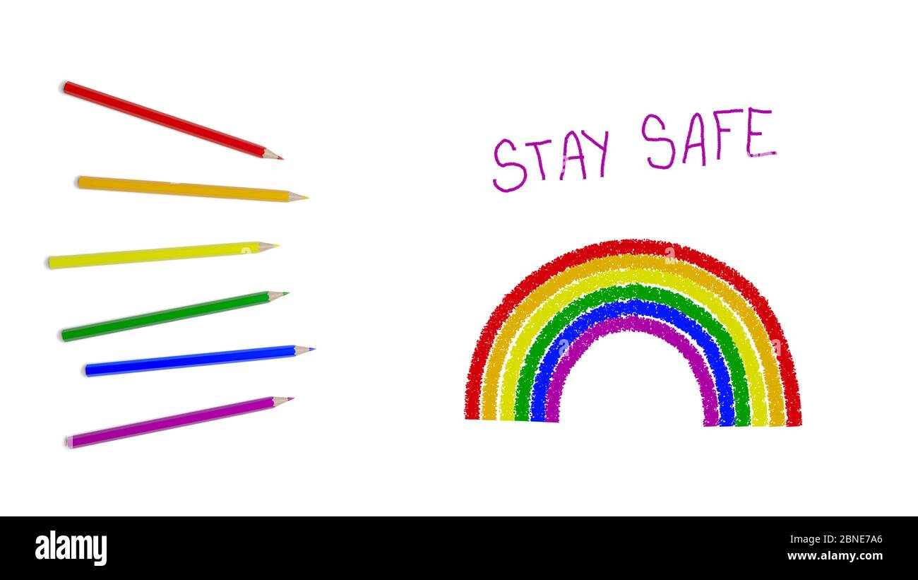 Stay safe message with a rainbow and colored pencils. 3D render ...