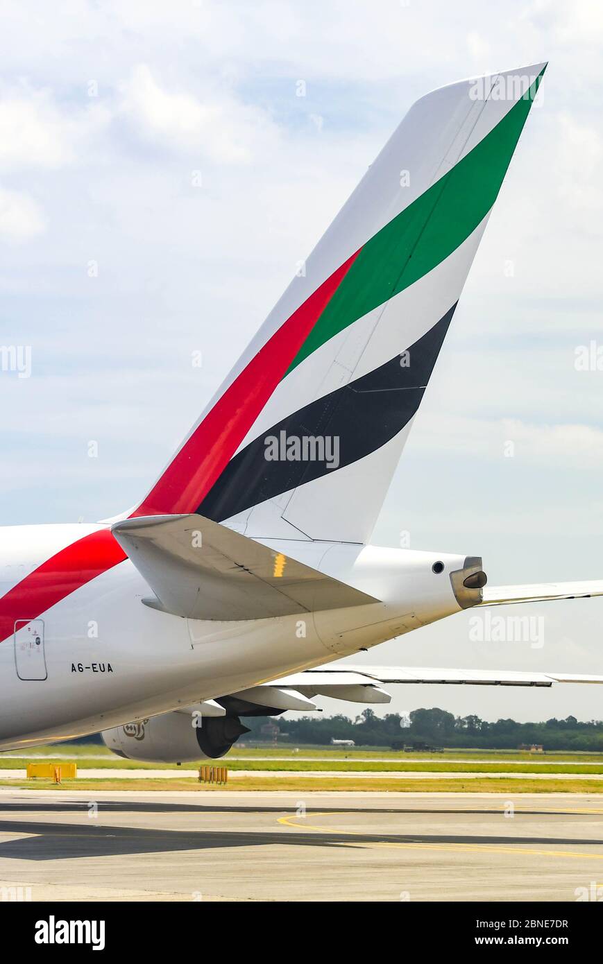MILAN, ITALY - JUNE 2019: Airbus A380 Tail fin of an Emirates Airbus ...