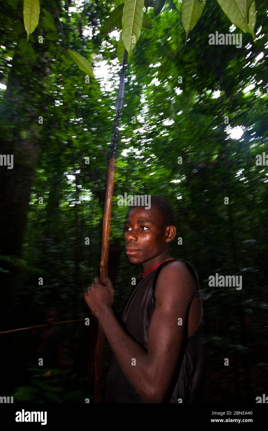 Baka boy with hunting spear, South East Cameroon, July 2008 Stock Photo ...