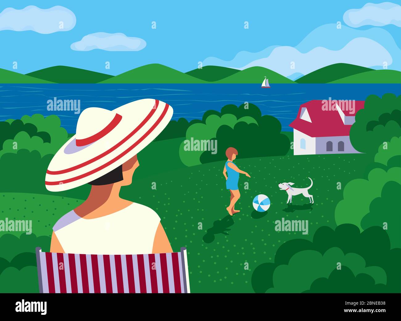 Family rest in farm house flat vector. Stay home vacation enjoy cartoon ...