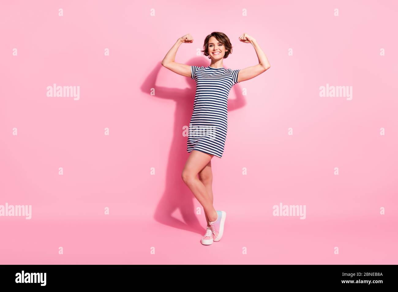 Full body photo of pretty lady skinny shapes good mood showing perfect ...