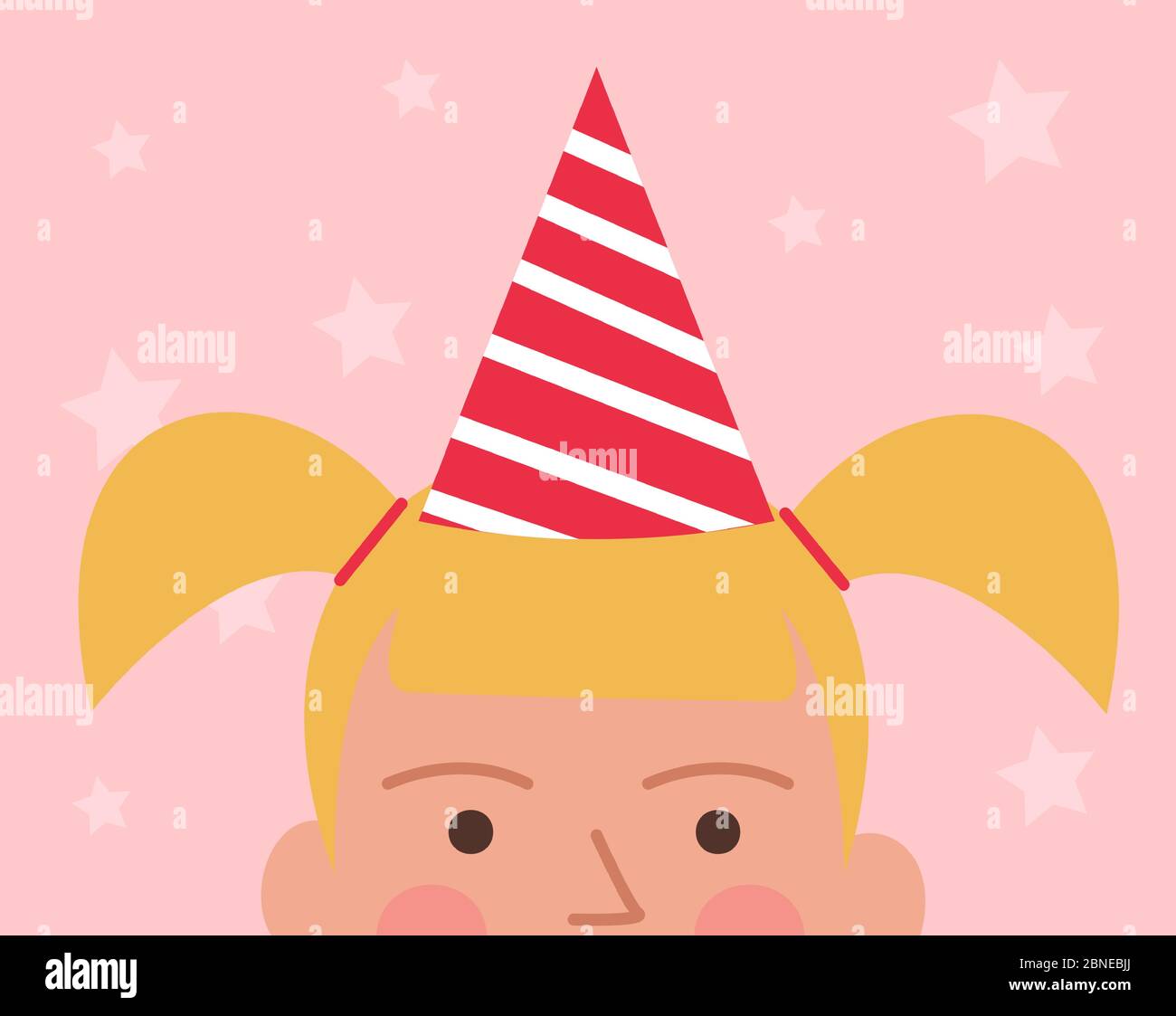 Vector illustration of half head of girl in birthday cap, stars on the ...