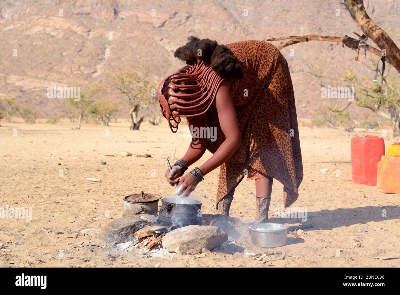 Himba Woman Cooking Maize Flour Open Fireplace Marienfluss Valley