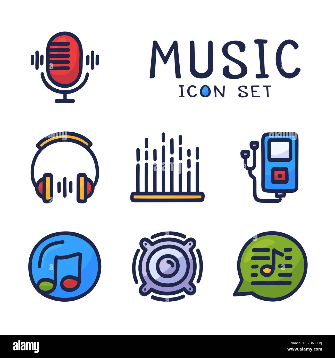 Hand drawn cartoon Set of Music Audio Related Vector Line Icons ...