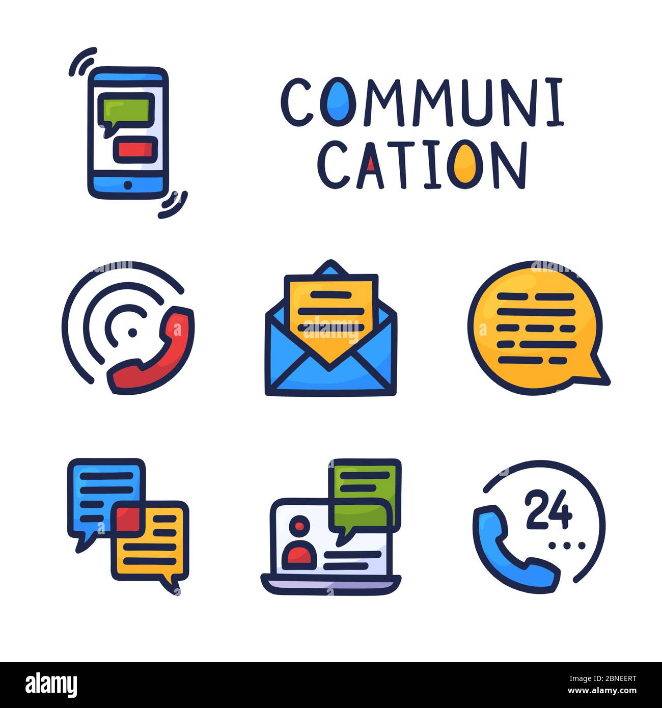 set communication simple outline color icon on white background. Hand ...