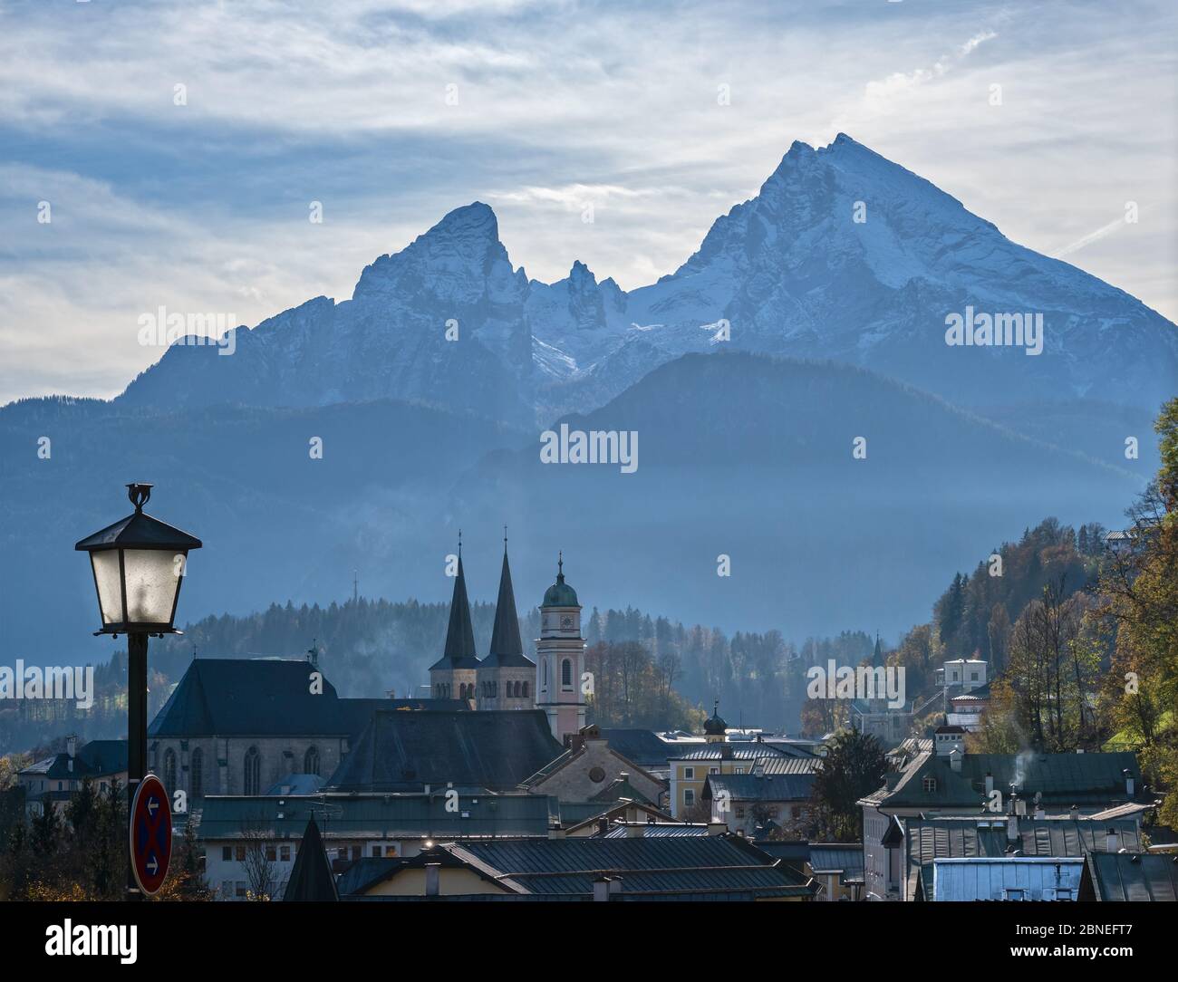 Autumn hazy day famous Bavarian prealps Berchtesgaden town and mount ...