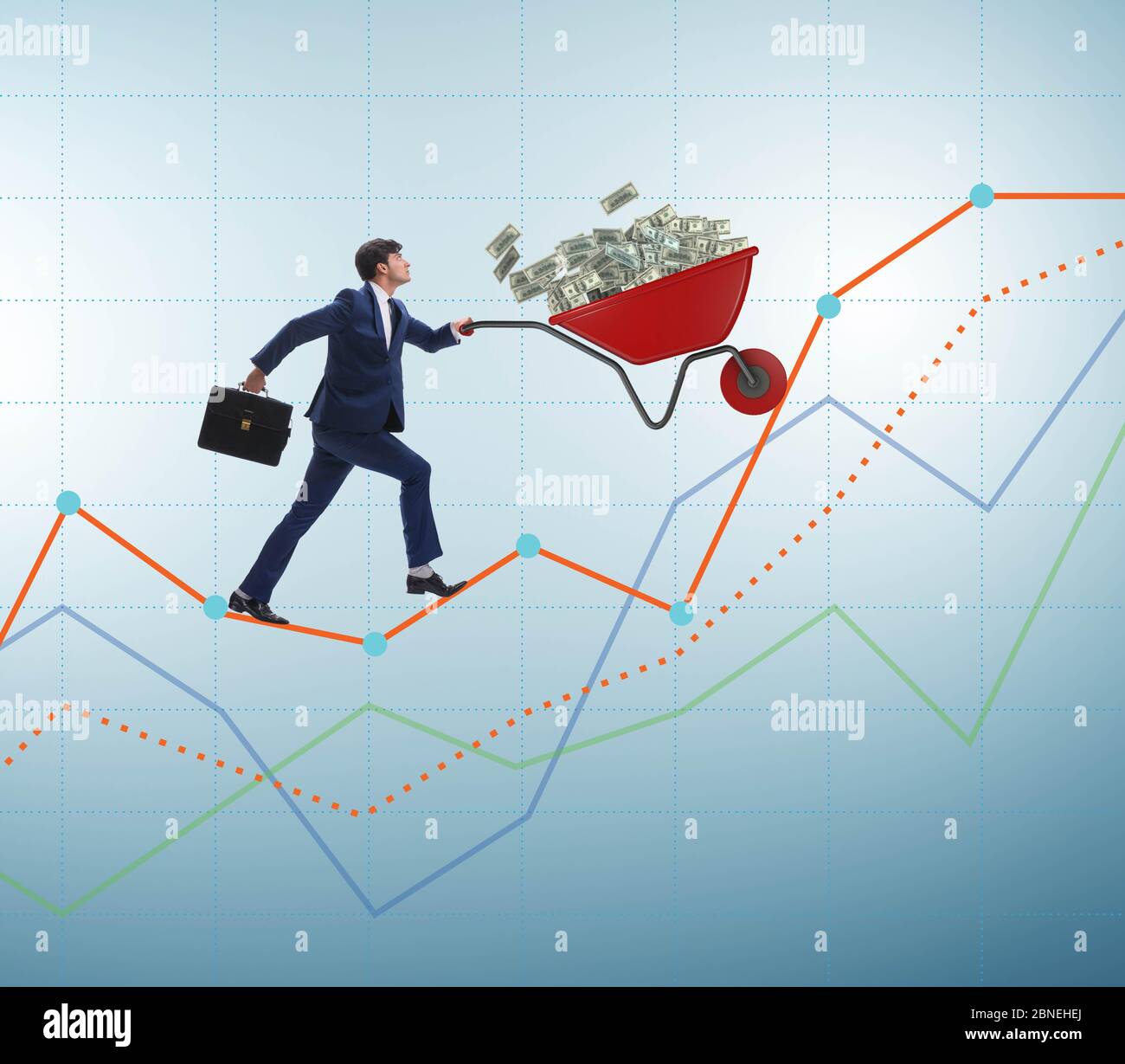 The businessman pushing wheelbarrow full of dollar money Stock Photo ...