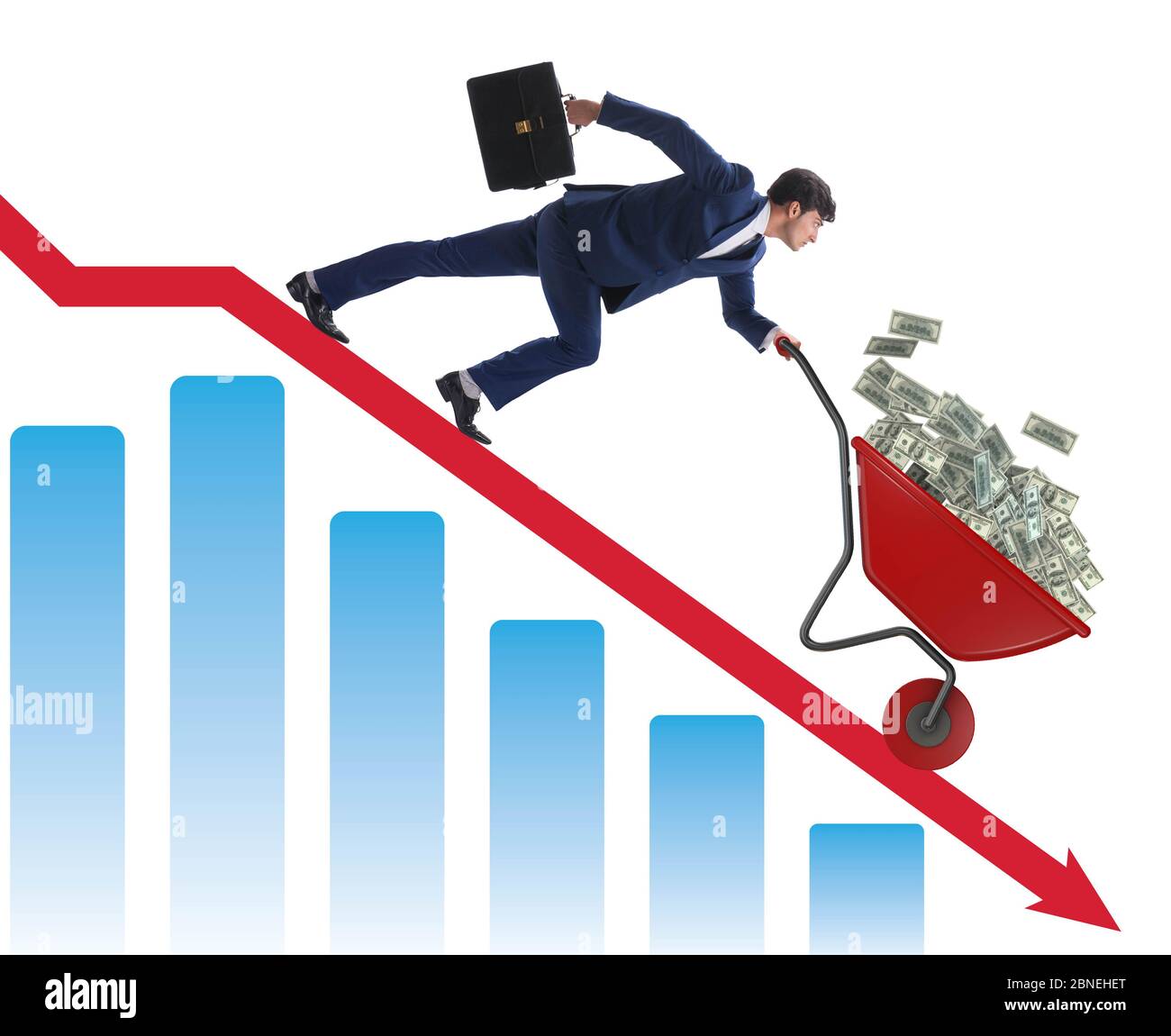 The businessman pushing money wheelbarrow down the chart Stock Photo ...