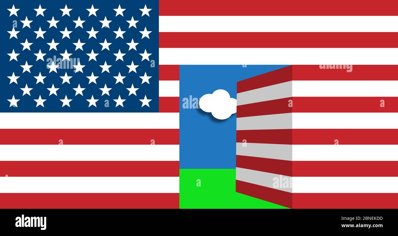 Huge USA flag with a door opening in the stripes into a landscape with ...