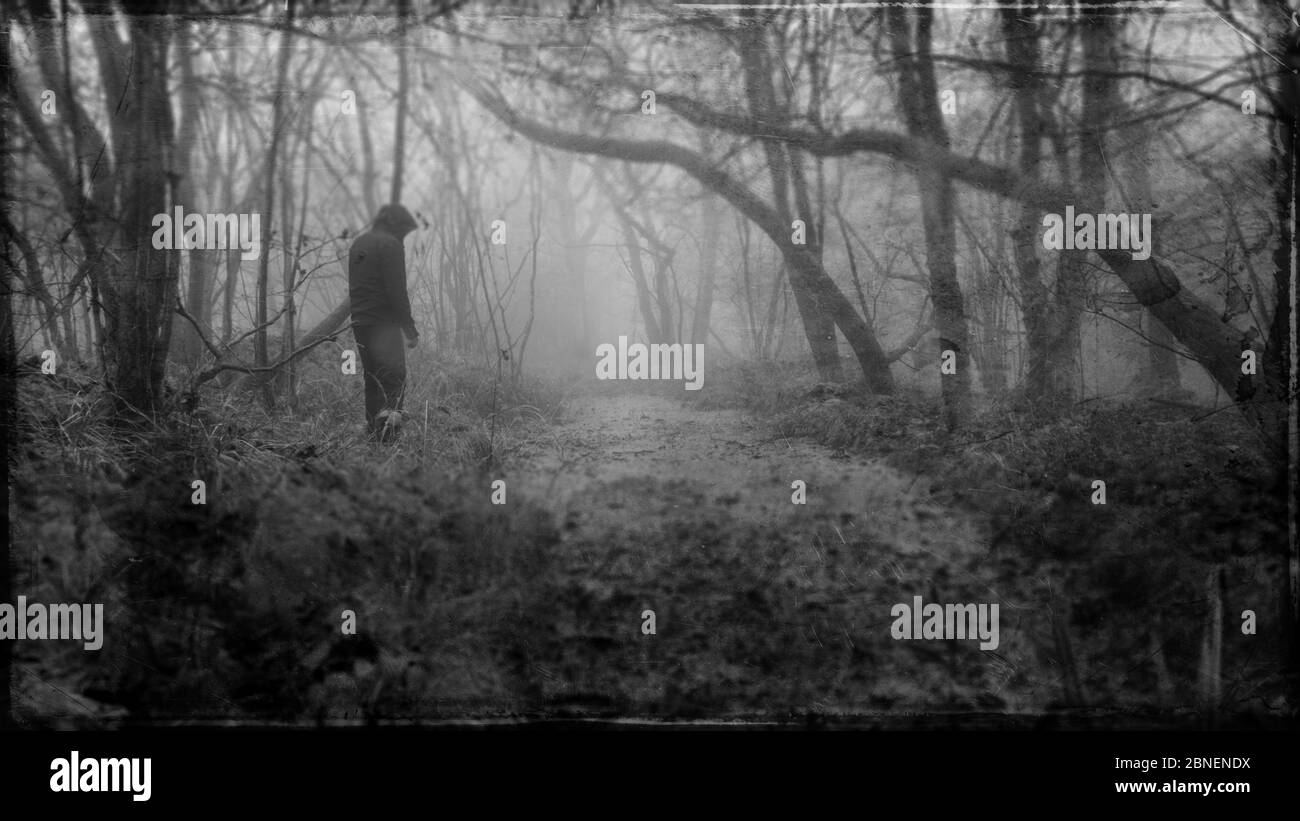 A mysterious hooded figure, looking down into a stream in a spooky ...