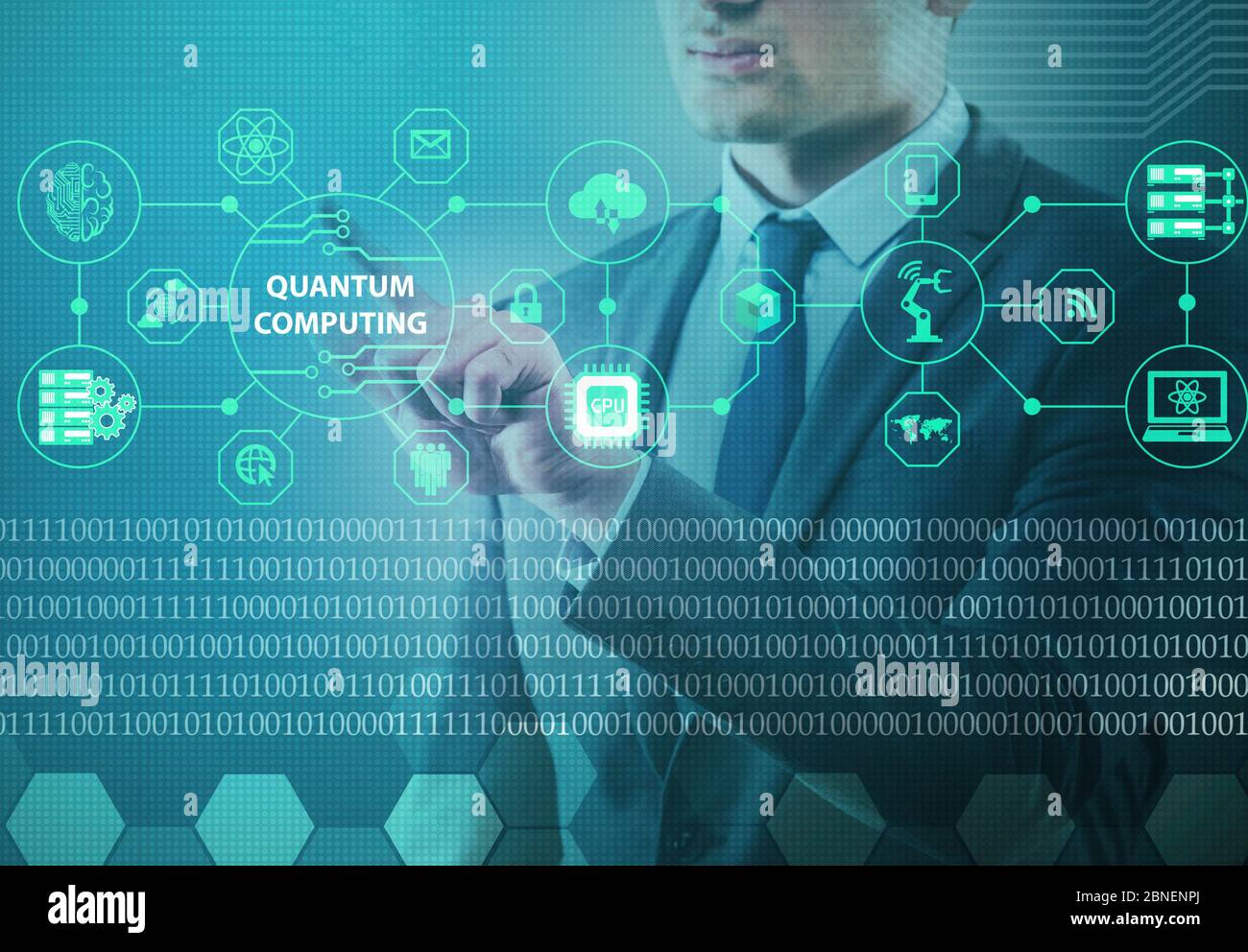 The businessman pressing virtual button in quantum computing concept Stock Photo - Alamy