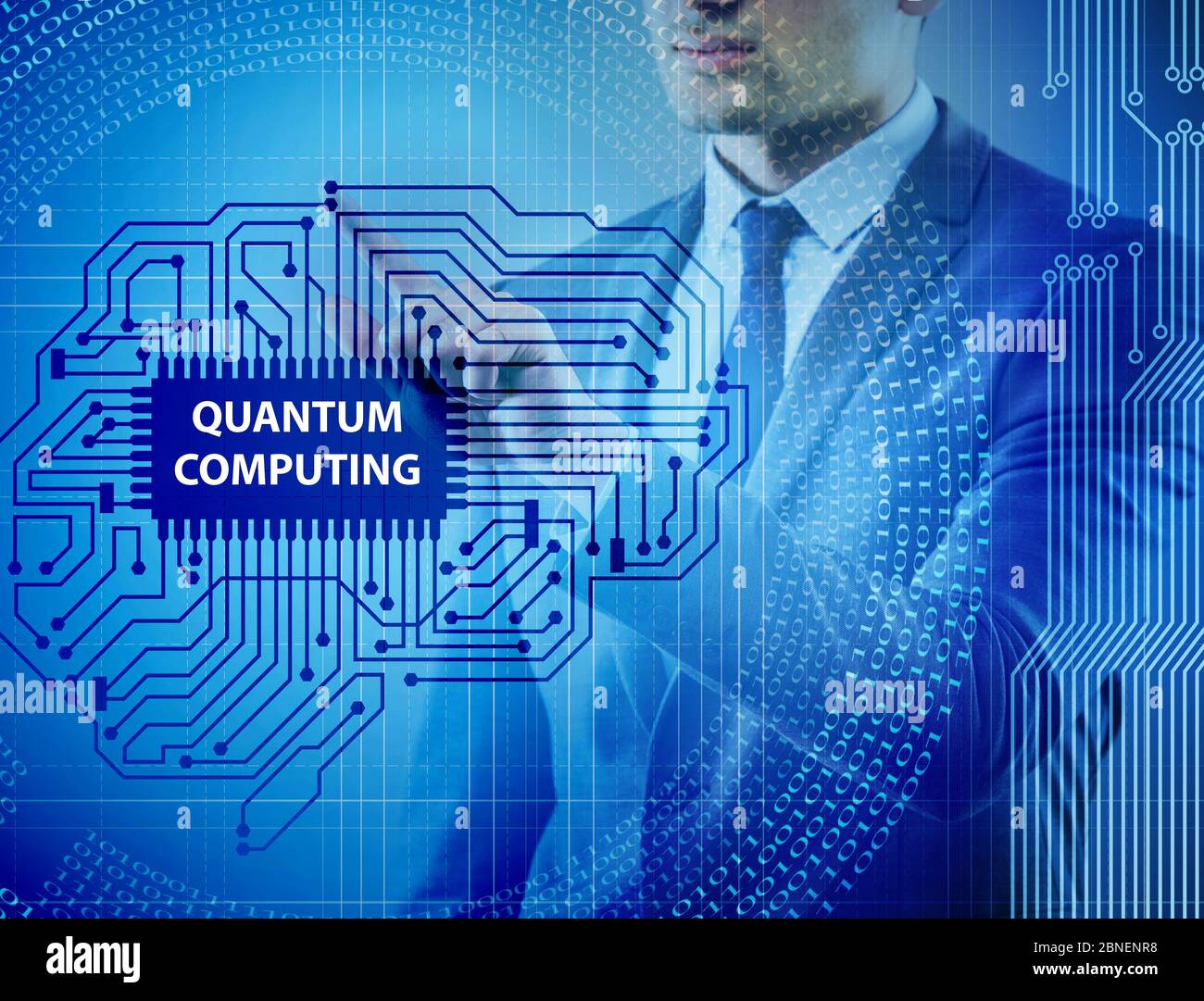 The businessman pressing virtual button in quantum computing concept Stock Photo - Alamy