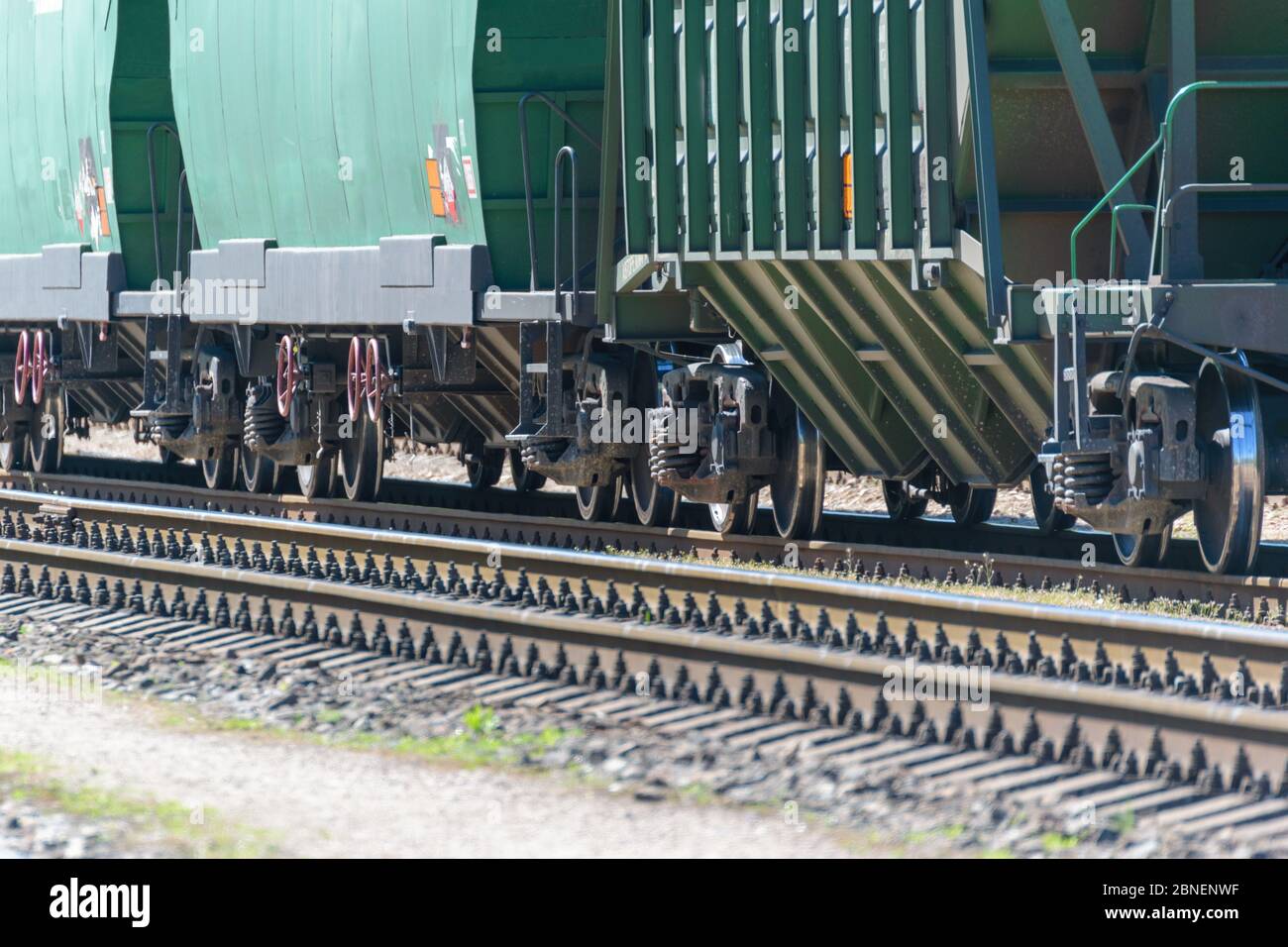 freight train standing on rails. couple of railway wagons stays on the ...