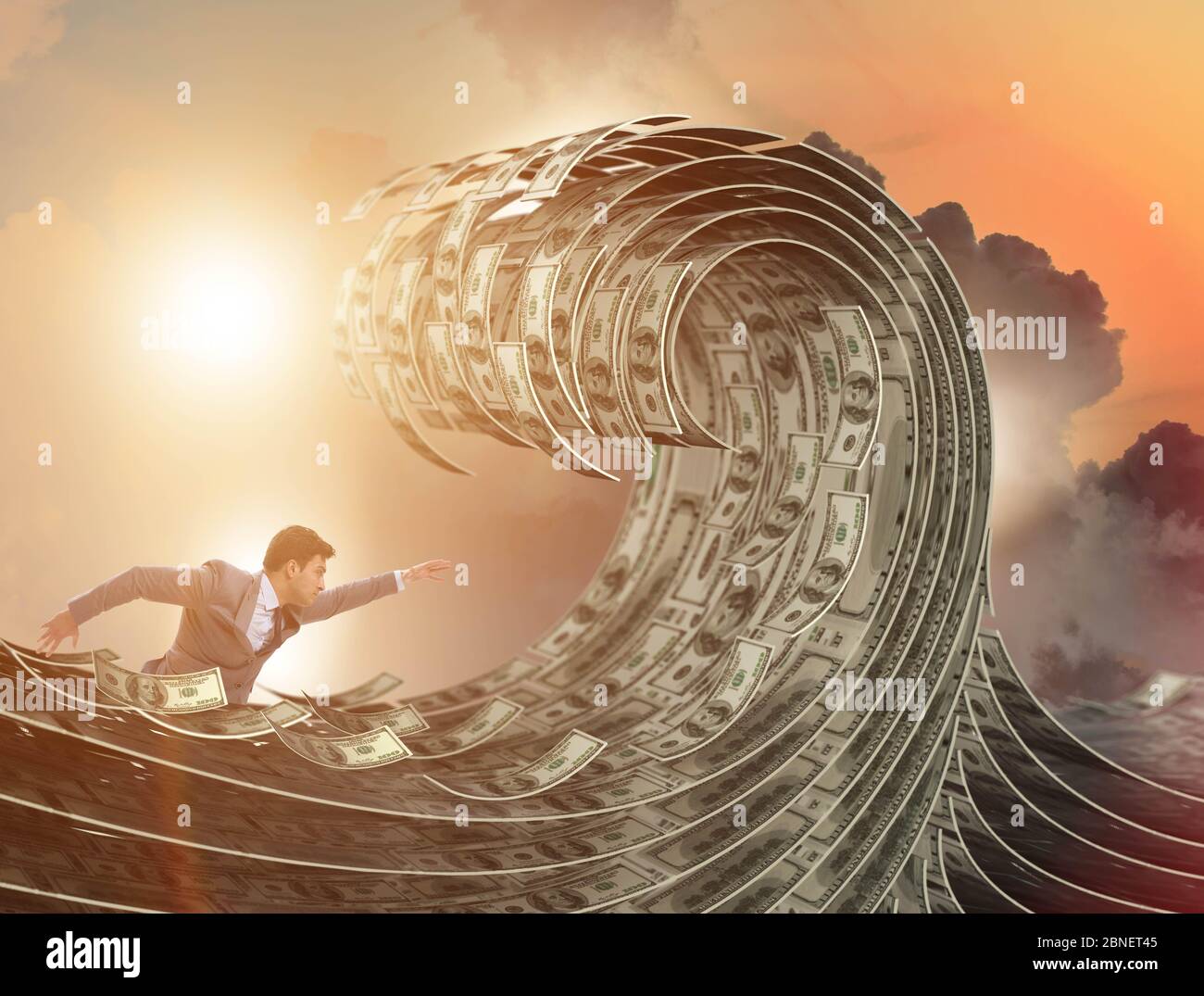 The businessman swimming in the sea of dollar money Stock Photo - Alamy