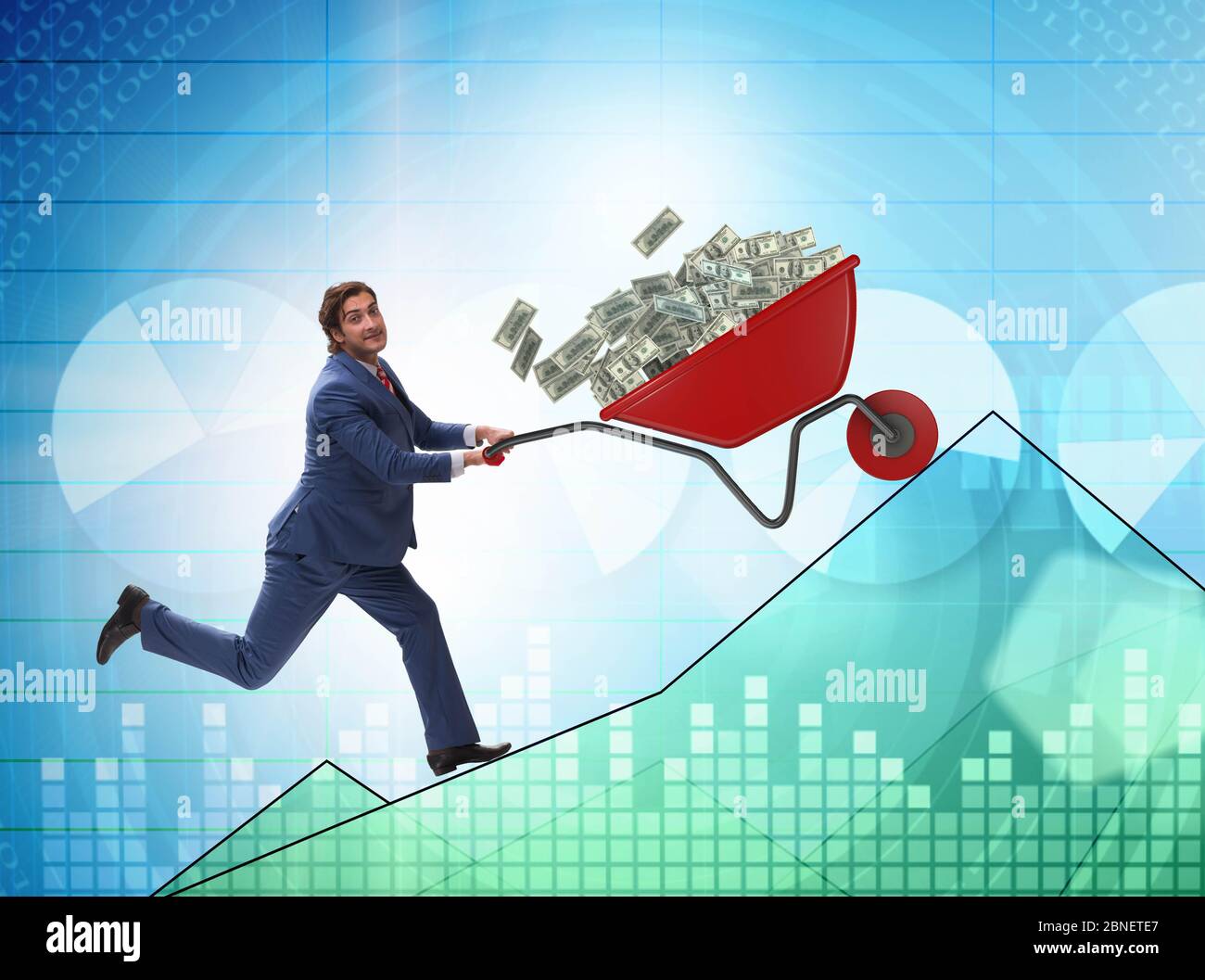 The businessman pushing wheelbarrow full of dollar money Stock Photo ...