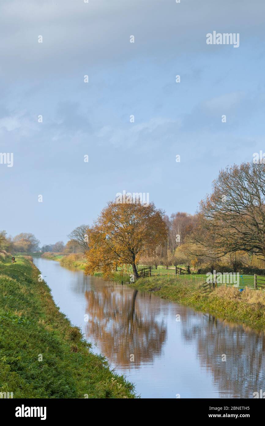 Tranquil scene along water channel at Avalon Marshes in the Somerset ...