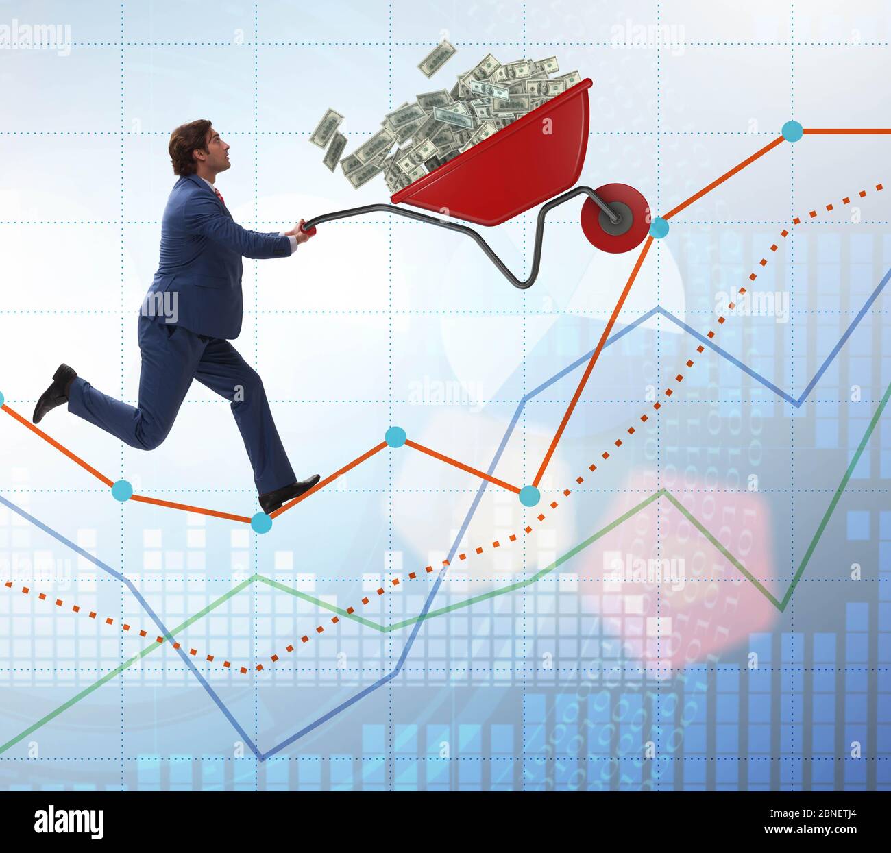 The businessman pushing wheelbarrow full of dollar money Stock Photo ...