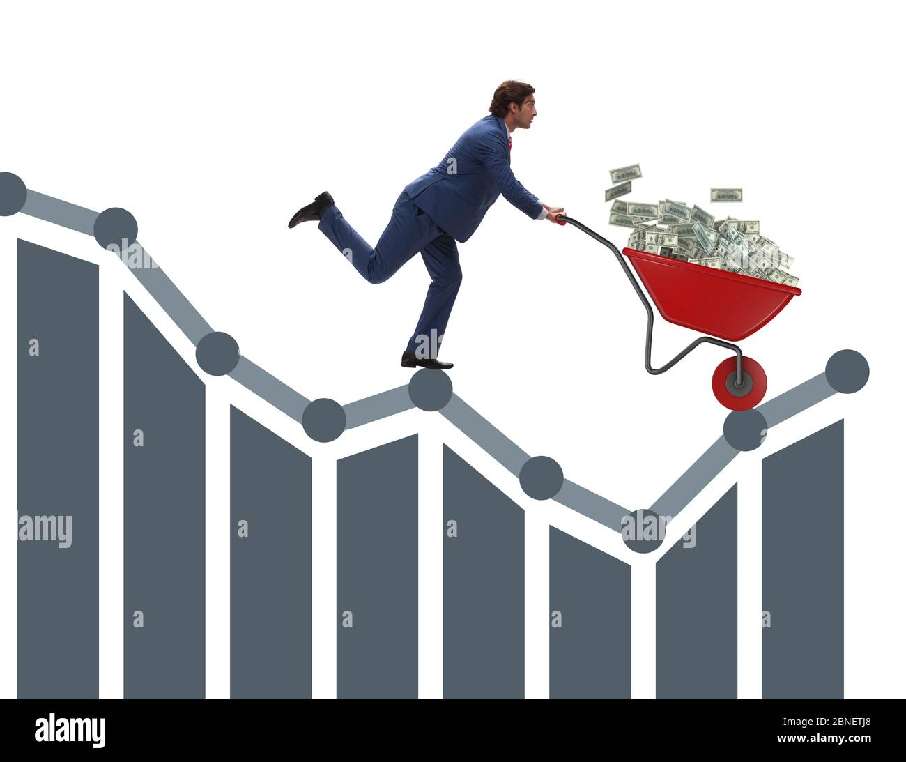 The businessman pushing money wheelbarrow down the chart Stock Photo ...