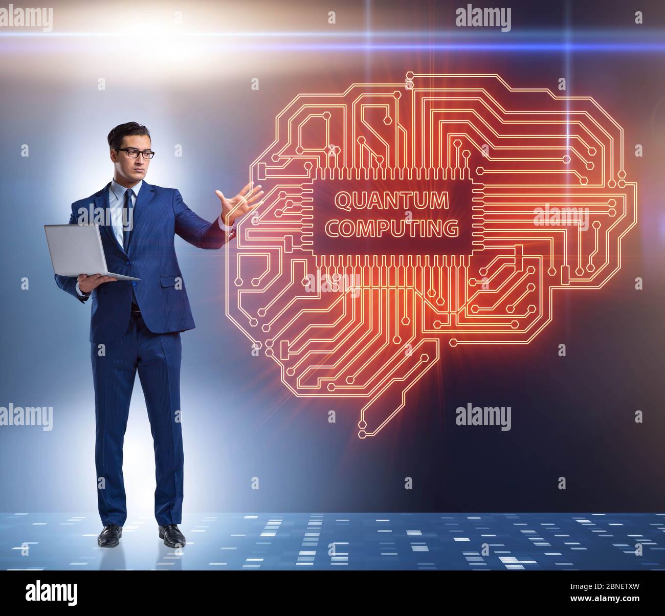 The businessman pressing virtual button in quantum computing concept Stock Photo - Alamy