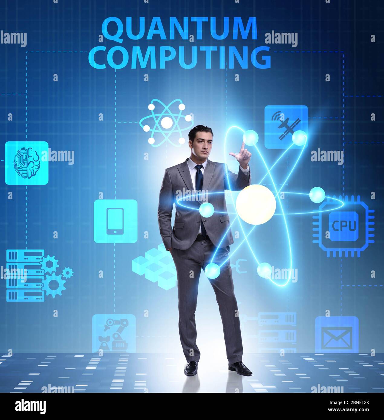 The businessman pressing virtual button in quantum computing concept Stock Photo - Alamy