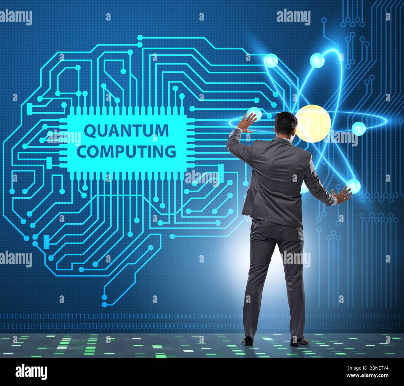 The businessman pressing virtual button in quantum computing concept ...