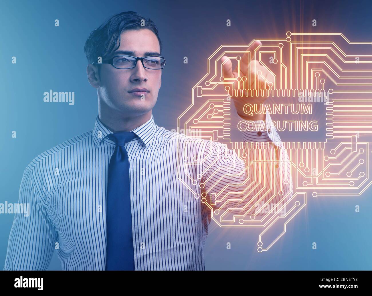 The businessman pressing virtual button in quantum computing concept ...