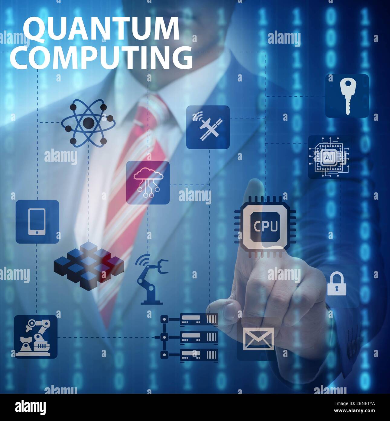 The businessman pressing virtual button in quantum computing concept ...