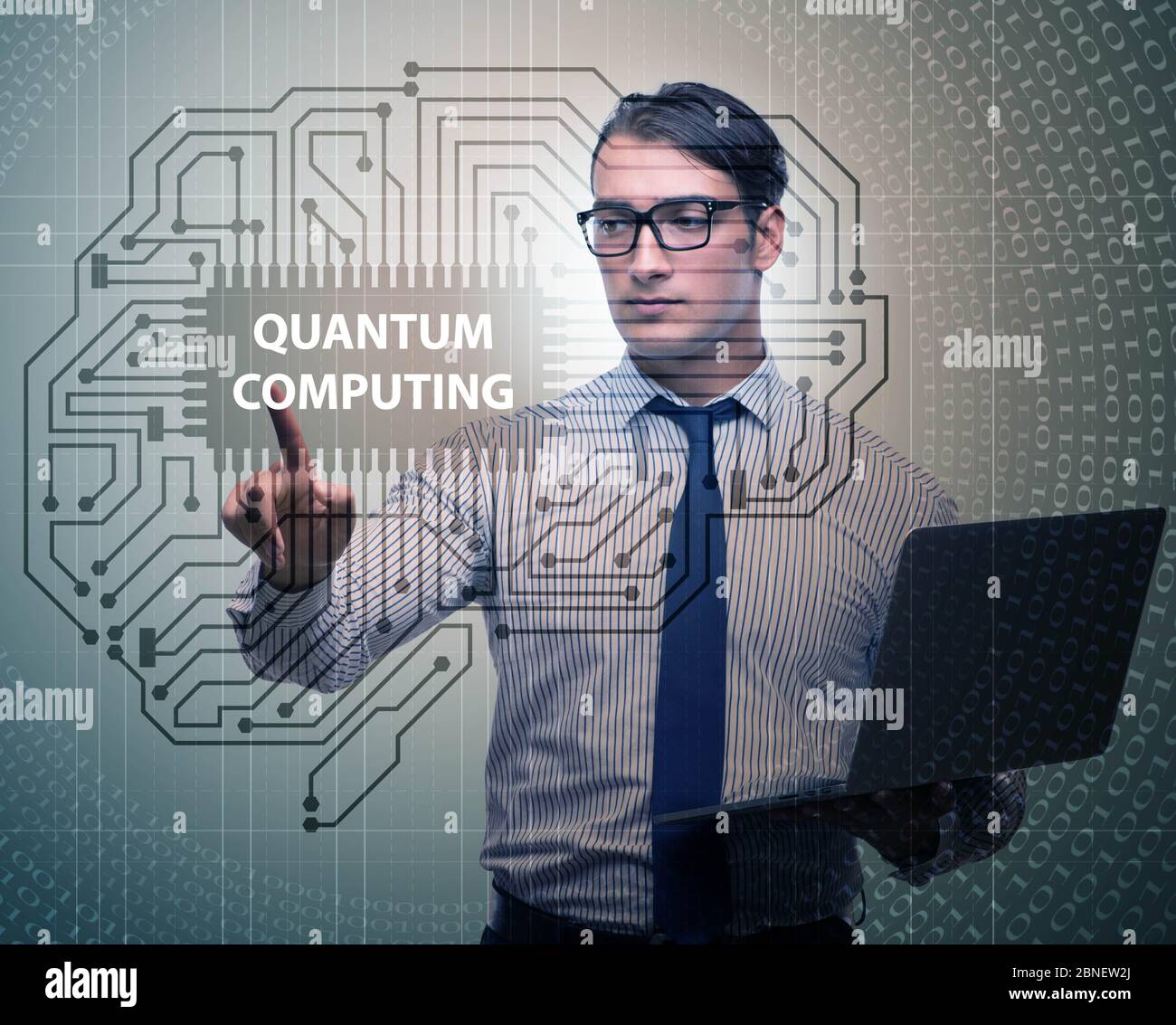 The businessman pressing virtual button in quantum computing concept Stock Photo - Alamy