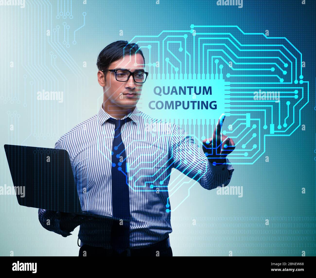 The businessman pressing virtual button in quantum computing concept ...