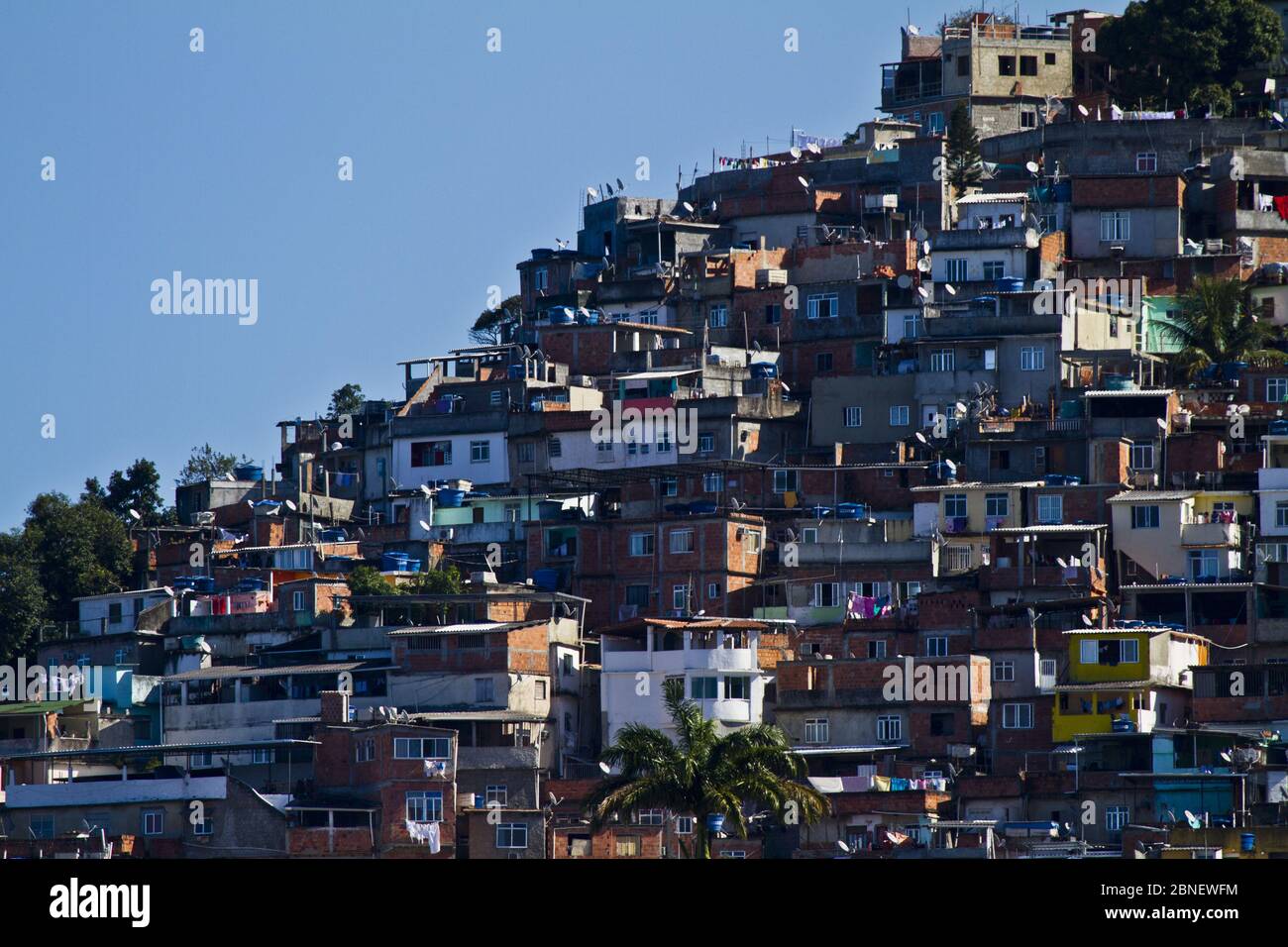 Aerial shot of the Rio de Janeiro's slums on a clear sky background ...