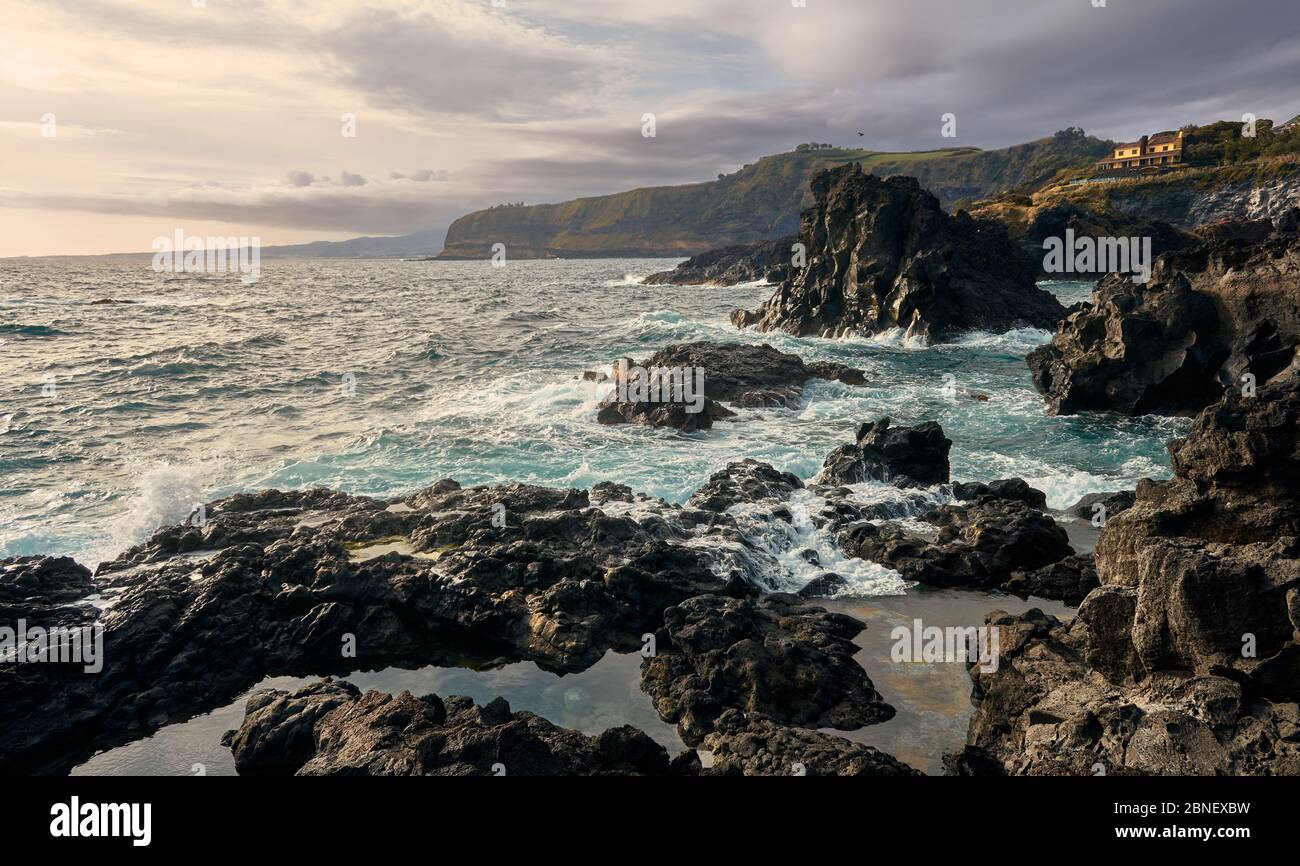 Coastal landscape in the Azores at sunset. Beautiful ocean place Stock ...