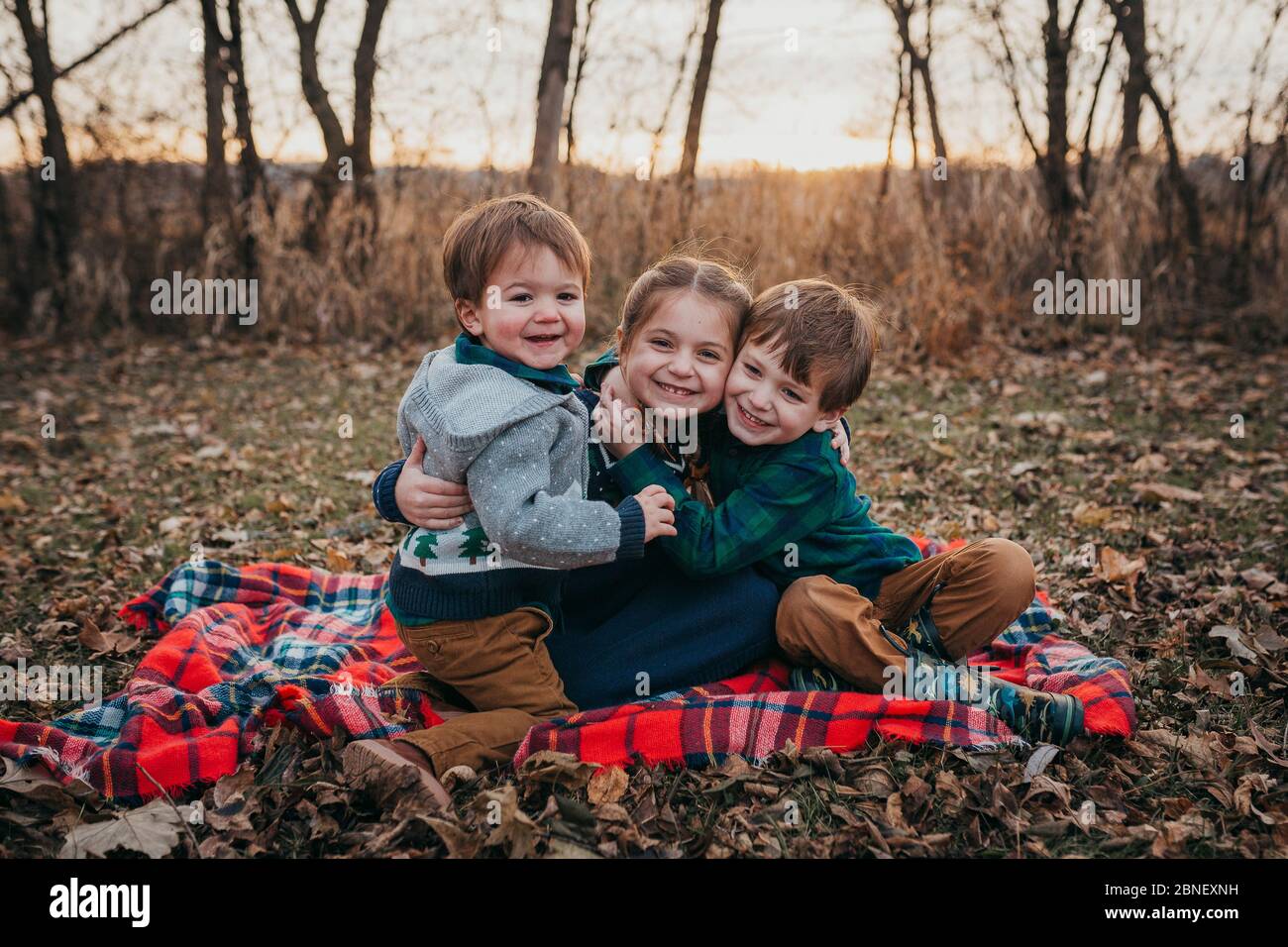Three siblings sitting on blanket hugging smiling at camera Stock Photo ...