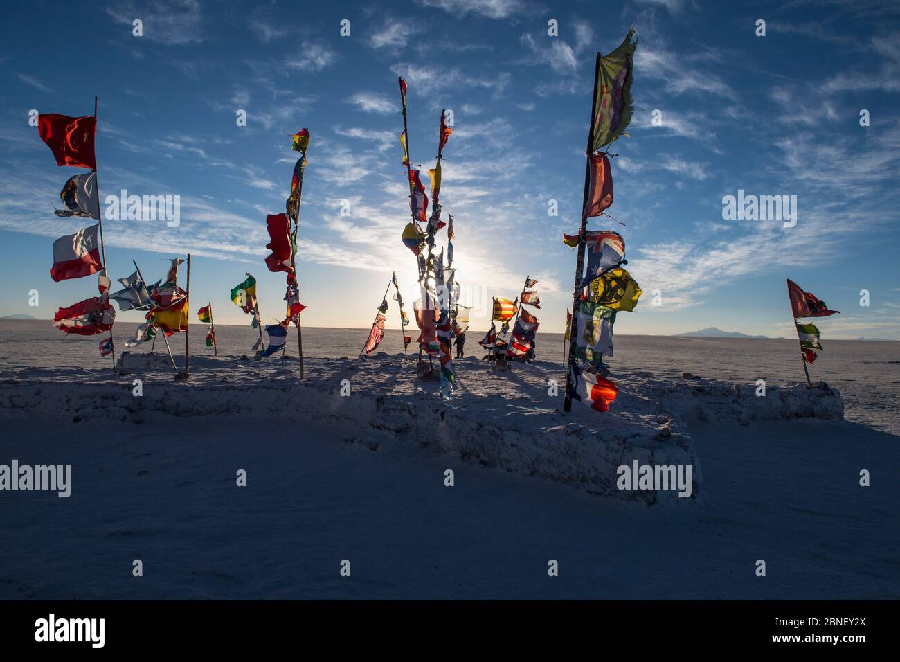 international flags planted on the salt flats of Uyuni in Bolivia Stock ...
