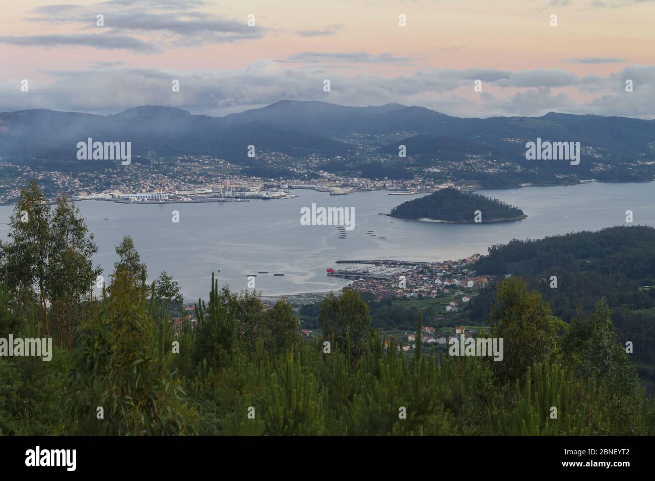 Aerial view of Marín and the Ria de Pontevedra in Galicia, Spain Stock ...
