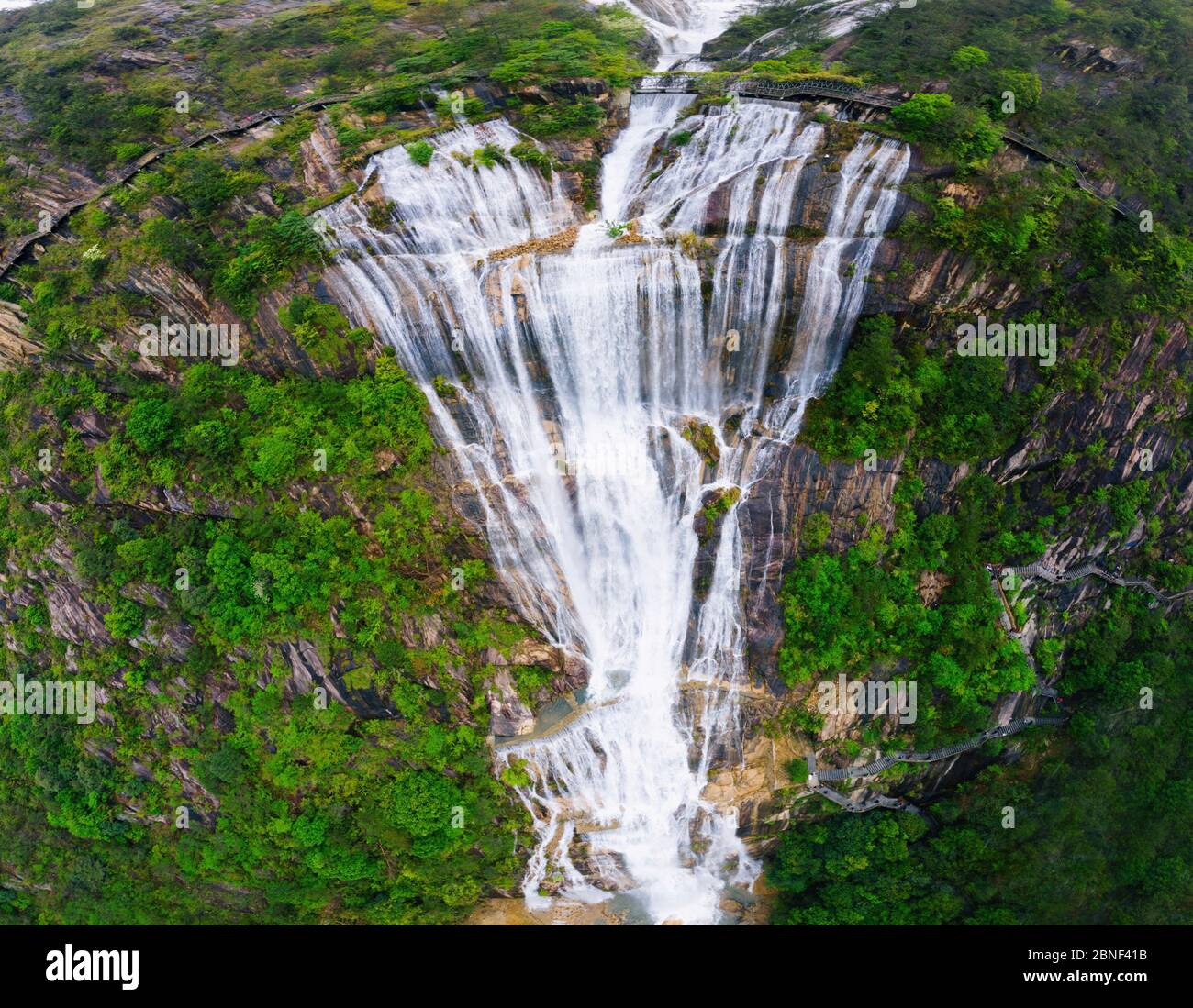 An aerial view of the Waterfall of Tiantai Mountain, which is praised ...