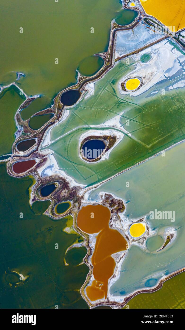 Aerial view of colorful salt lake, looks like a painter's palette ...