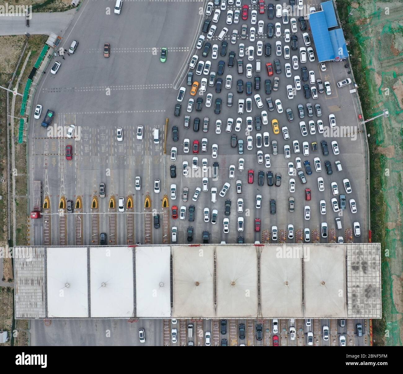 An aerial view of traffic jam on an exit of the expressway during ...